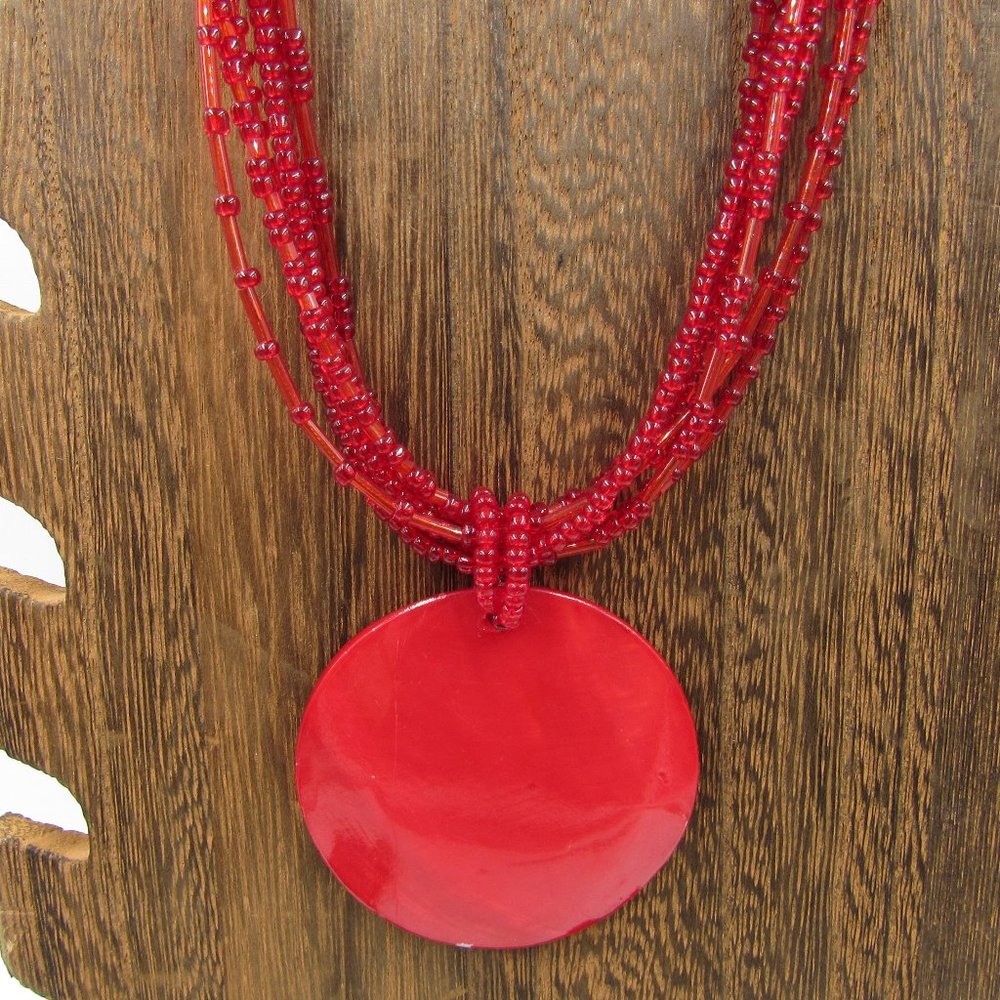 20" Red Shell & Beaded Necklace Vintage Costume - Gem